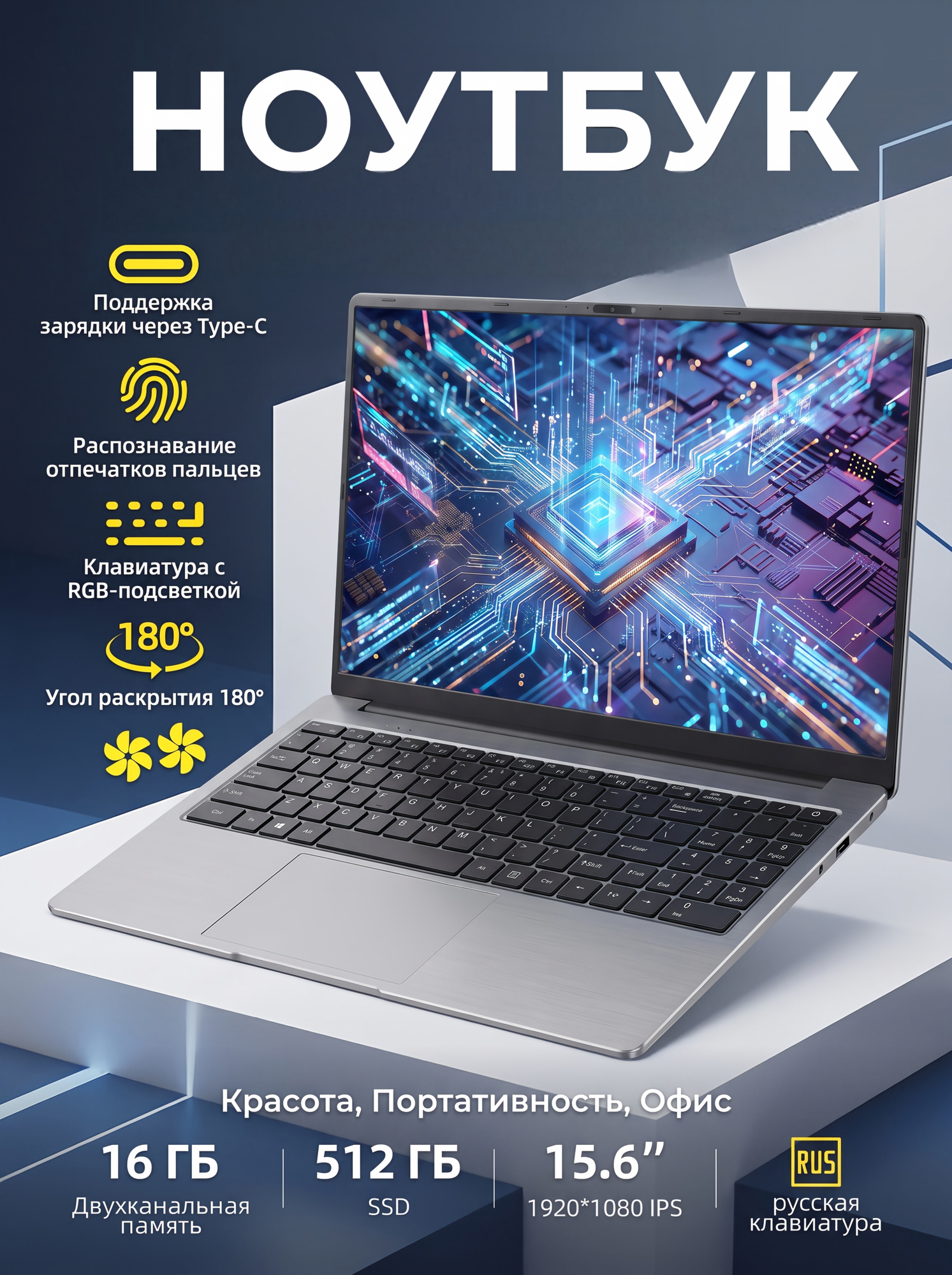 Ноутбук для работы и учебы, Notebook, 16ГБ RAM, 512GB SSD, Intel Core i5 Windows 11, 15,6", 1920x1080 серый