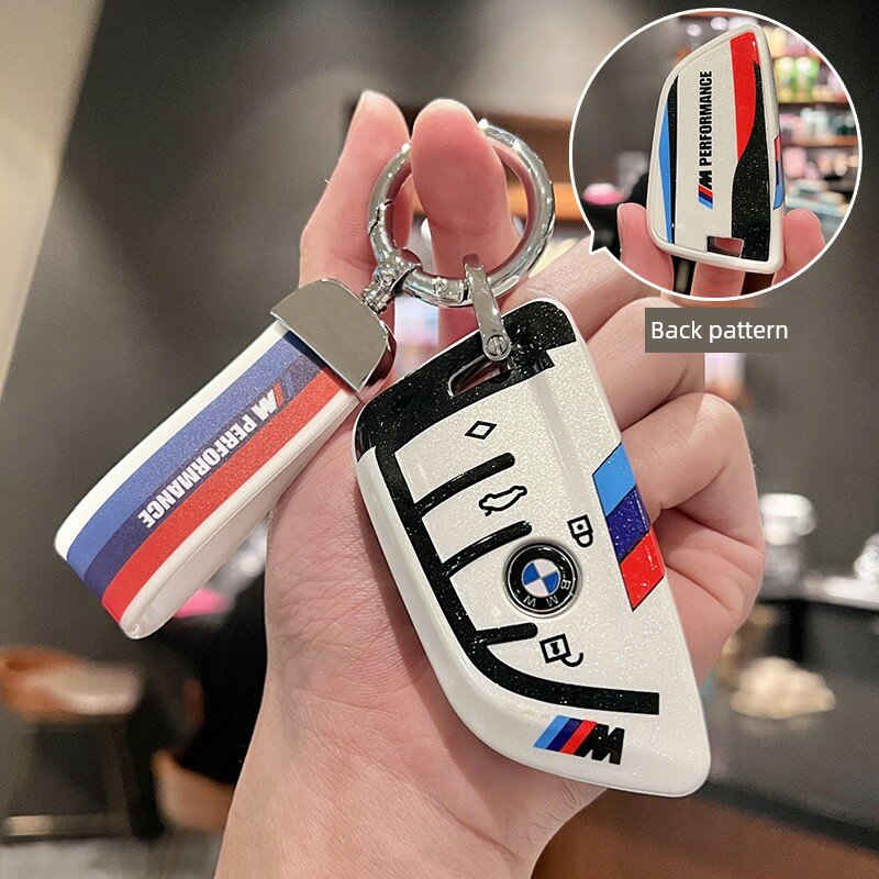 Чехол для ключа BMW с M-логотипом спортивного дизайна в белом цвете с цветным автознаком для моделей X1 X3 X5 X6 X7 1