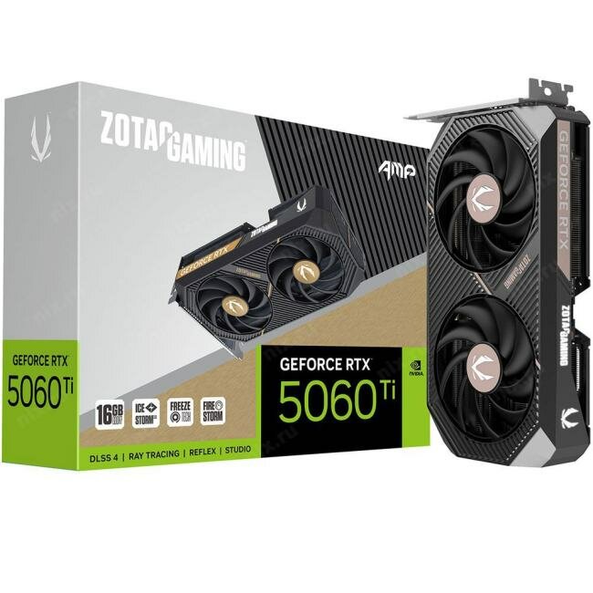 Zotac AMP NVIDIA GeForce RTX 5060 Ti Zotac AMP (GeForce® RTX 5060 Ti) 16 Гб, GDDR7, 128 бит, PCI Express, 3xDP,1xHDMI