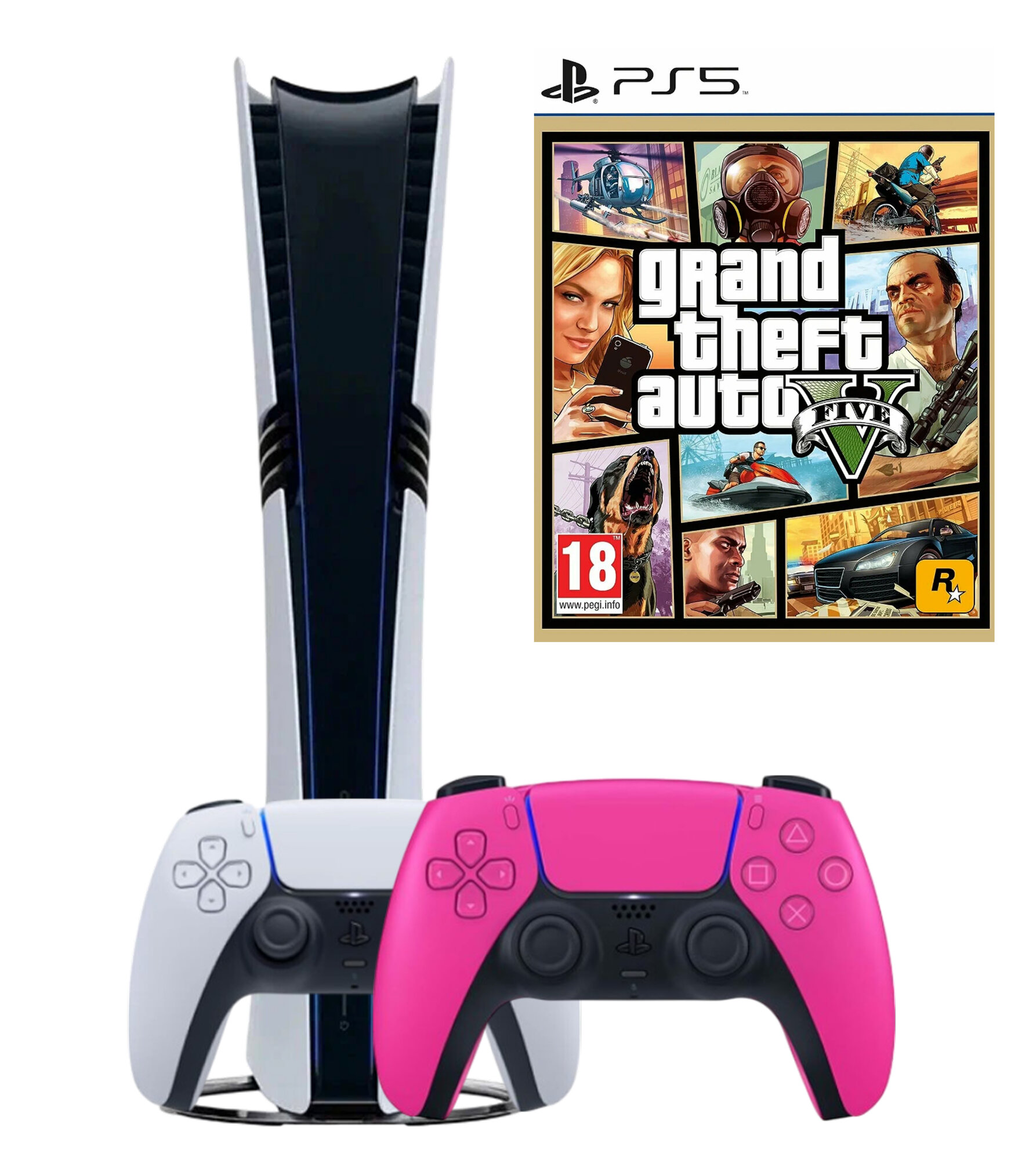Игровая приставка Sony PlayStation 5 Pro Digital, 2 ТБ, 2 геймпада, второй Nova Pink, игра GTA V
