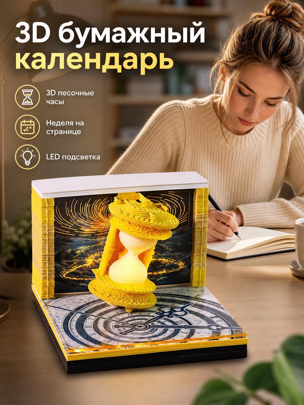 Объёмный блокнот сувенир Песочные часы , 3D модель из бумаги с подсветкой, подарок для рабочего стола