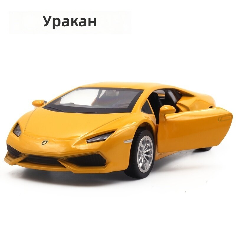 Модель спортивного автомобиля в масштабе 1:36 с открывающимися дверями и капотом, поворотными задними колесами и реалистичным интерьером, металлический корпус, ручное управление, желтый цвет, коллекционная реплика для мальчиков и подростков
