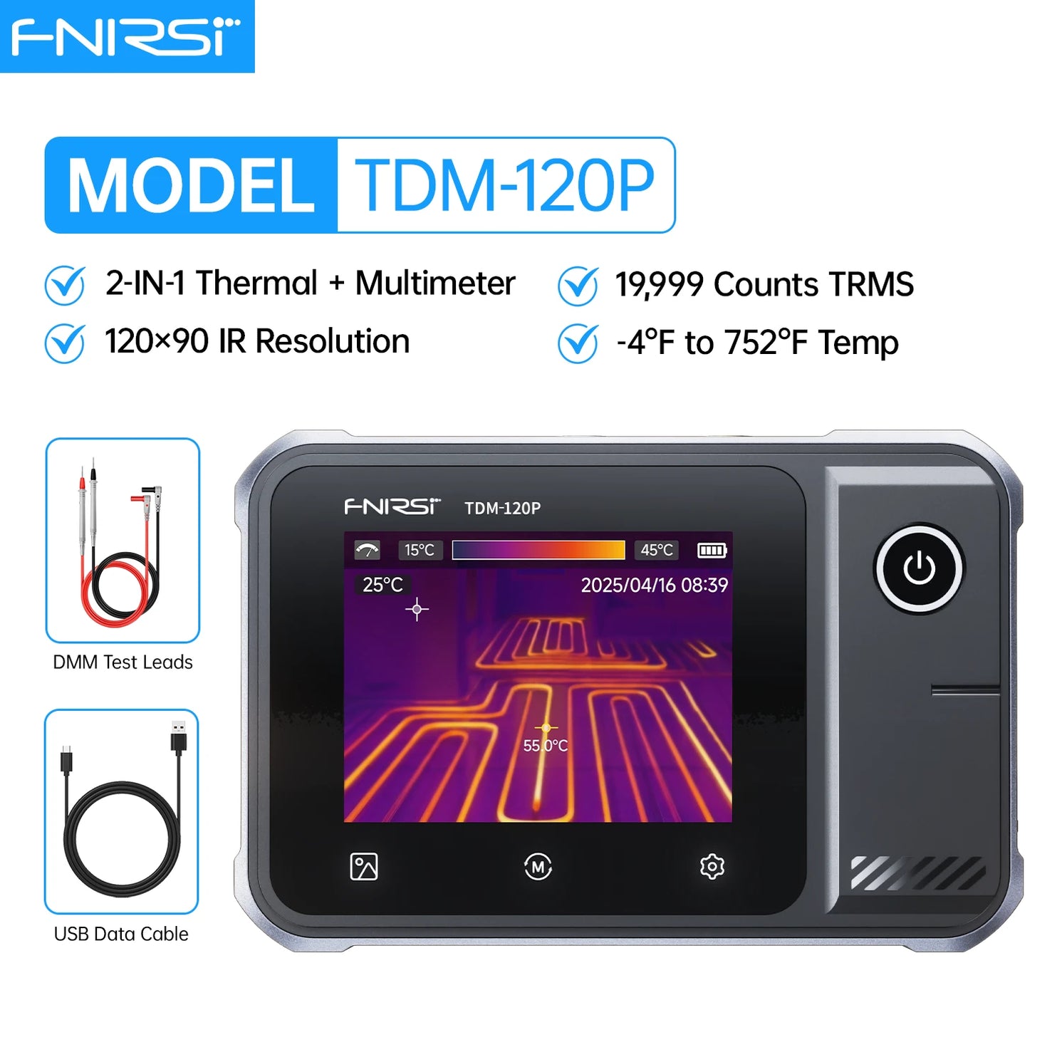 FNIRSI 2-в-1 Цифровой тепловизор + мультиметр FNIRSI TDM-120 / 19999 отсчётов True RMS, диапазон от -20 до +400 C, тепловизионная камера, 2,8 сенсорный экран, 25 Гц