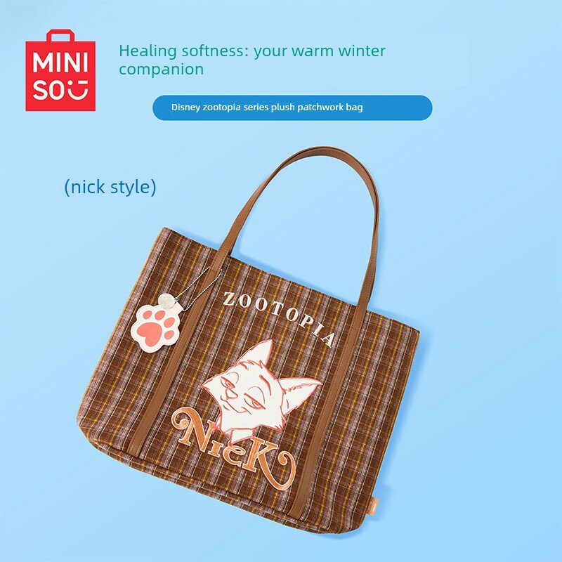 Плюшевая сумка через плечо MINISO из серии Disney Zootopia с элементами пэчворка, Джуди Ник Сумка-тоут в клетку (стиль