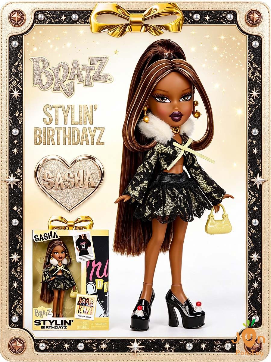 Кукла Братц, Bratz Stylin' Birthdayz Sasha Fashion Doll / Серия кукол Bratz день рождения, полный комплект образа в стиле Y2K в черно-золотом роскошном дизайне для персонажа Саша