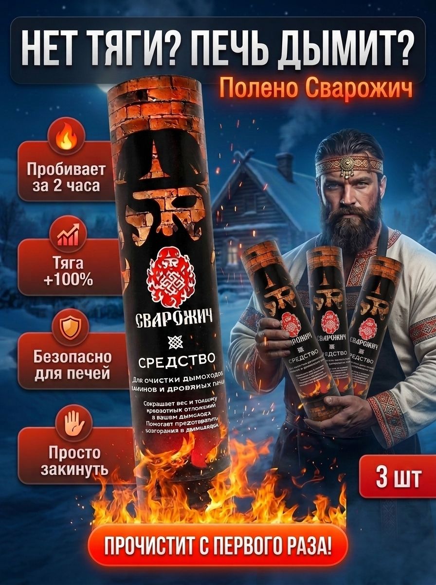 Полено для чистки дымохода от сажи Сварожич 3 шт по 750 г, средство-трубочист для каминов и печей, очиститель от сажи и копоти для дома и бани