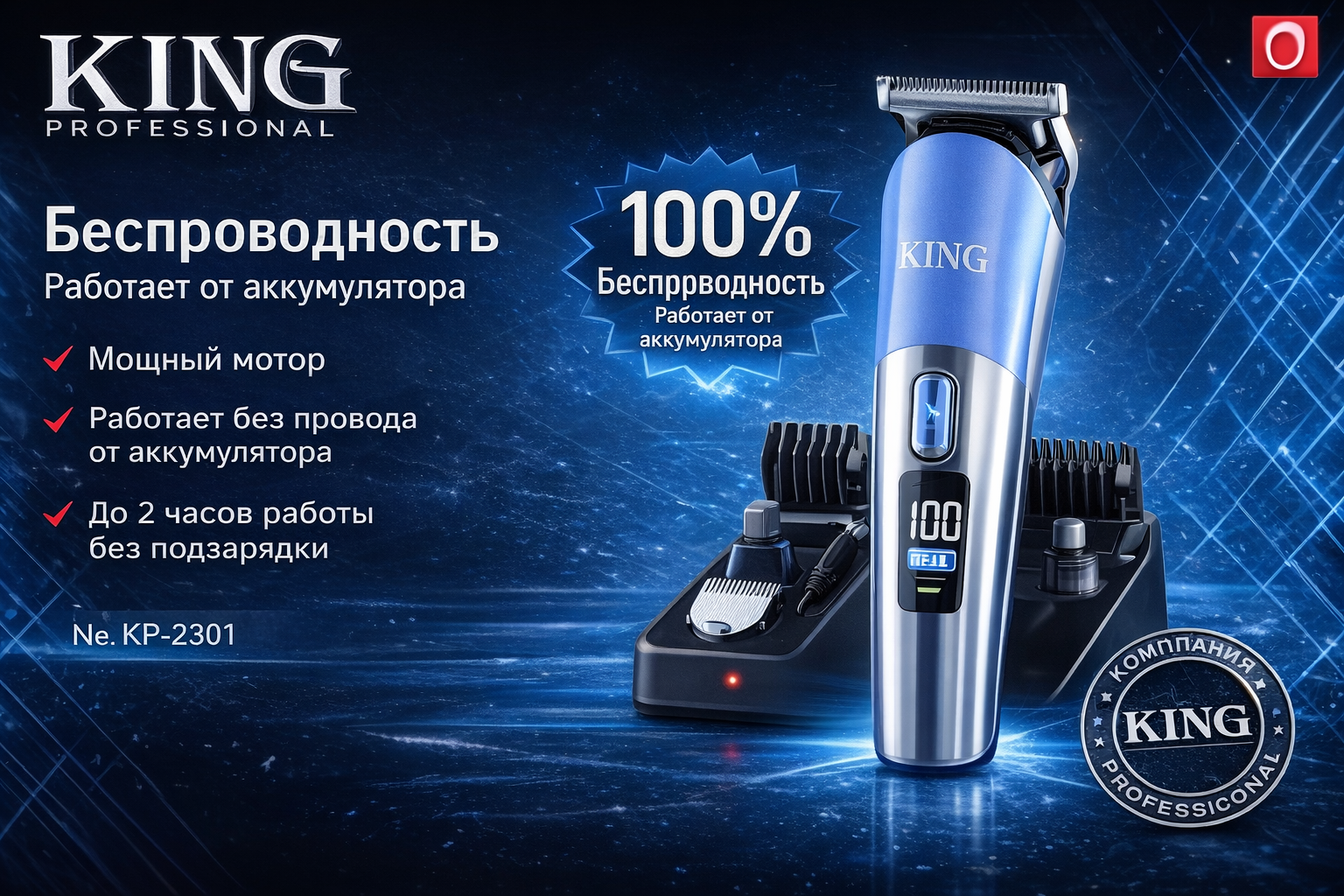 Беспроводной триммер KING Professional KP-2301 для стрижки волос и бороды с дисплеем