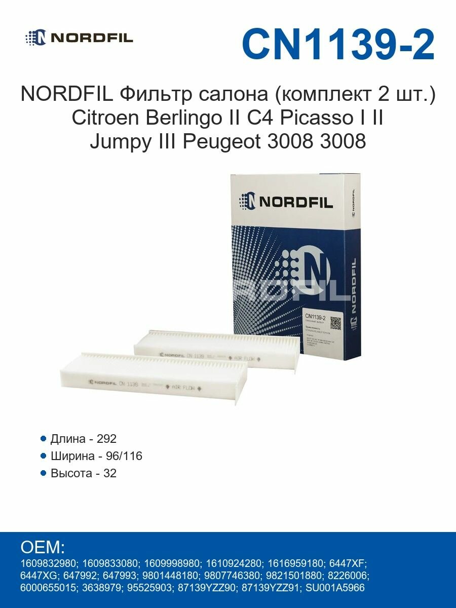 NORDFIL Фильтр салона (комплект 2 шт.) Citroen Berlingo II C4 Picasso I II Jumpy III Peugeot 3008 3008