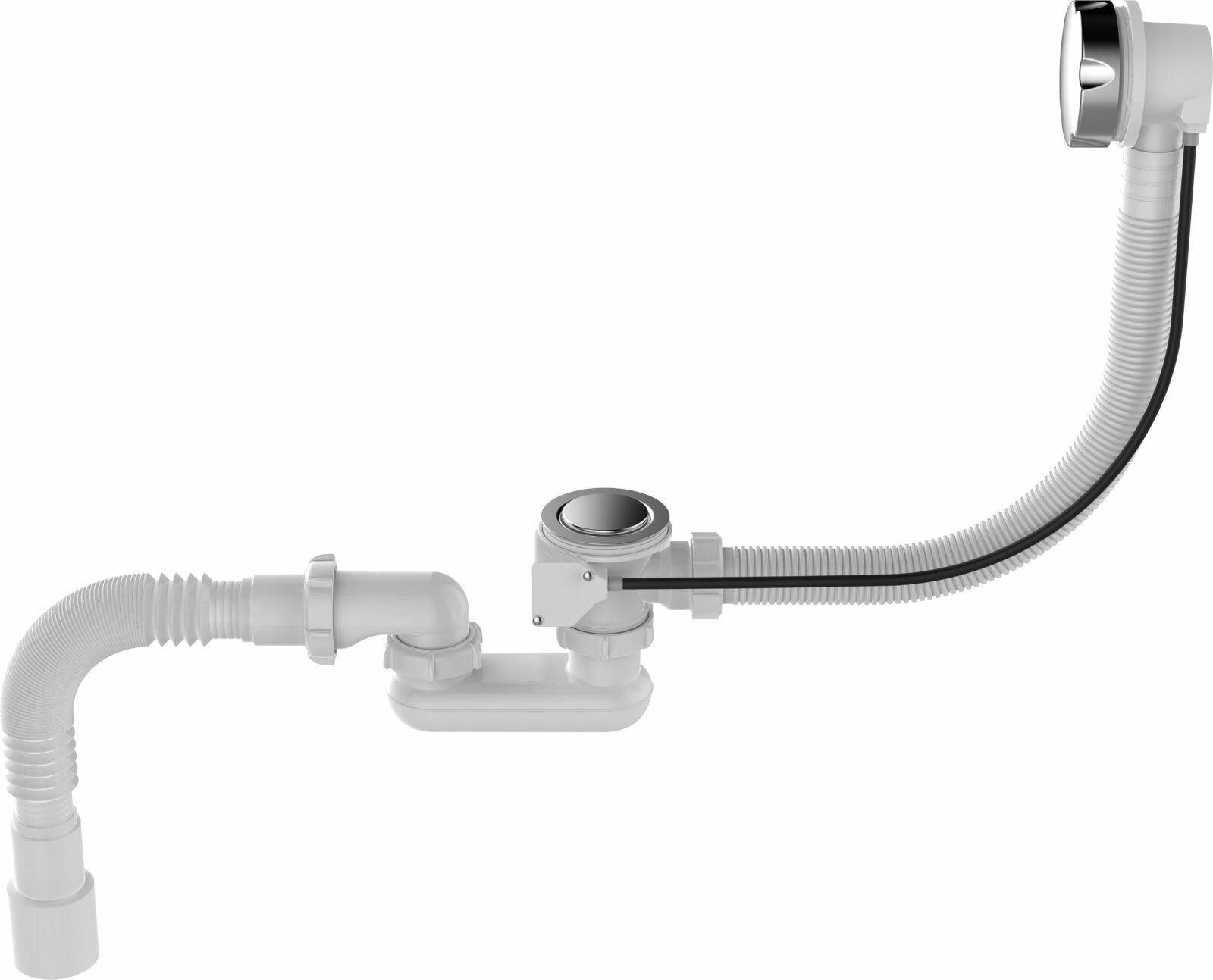 Сифон для ванны Aquant плоский регулируемый, 1 1/2"х40 перелив полуавтомат с металлической ручкой с гофротрубой 40х40/50