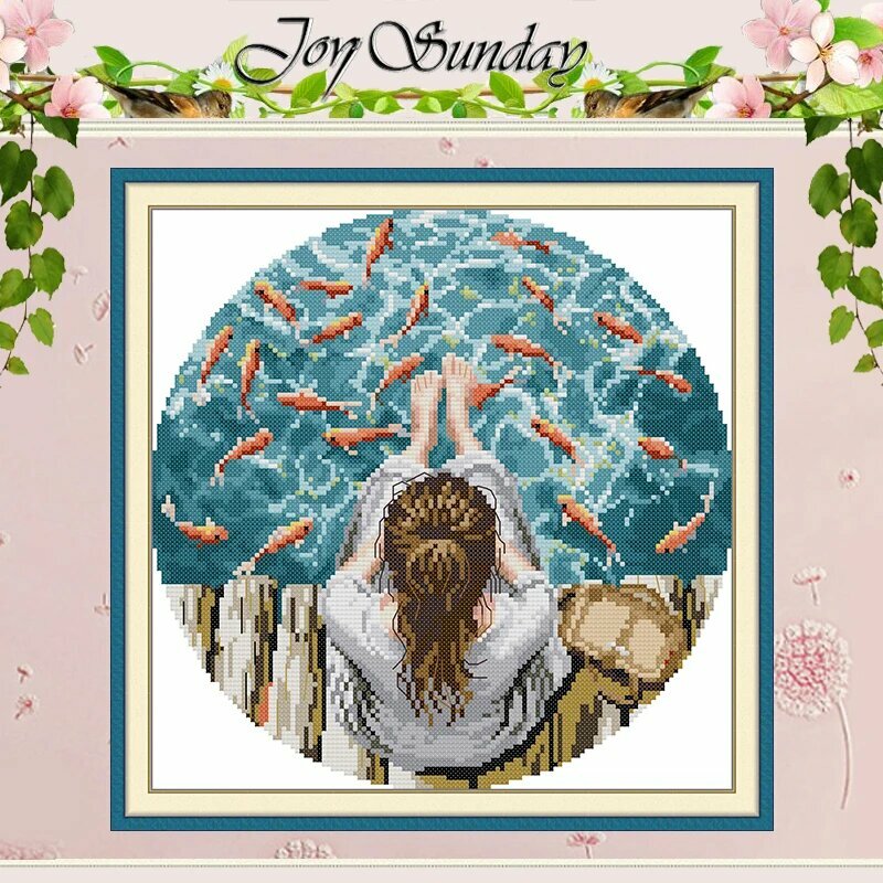 Набор для вышивки крестом Joy Sunday "Девушка смотрит на рыбок" 16CT blank canvas