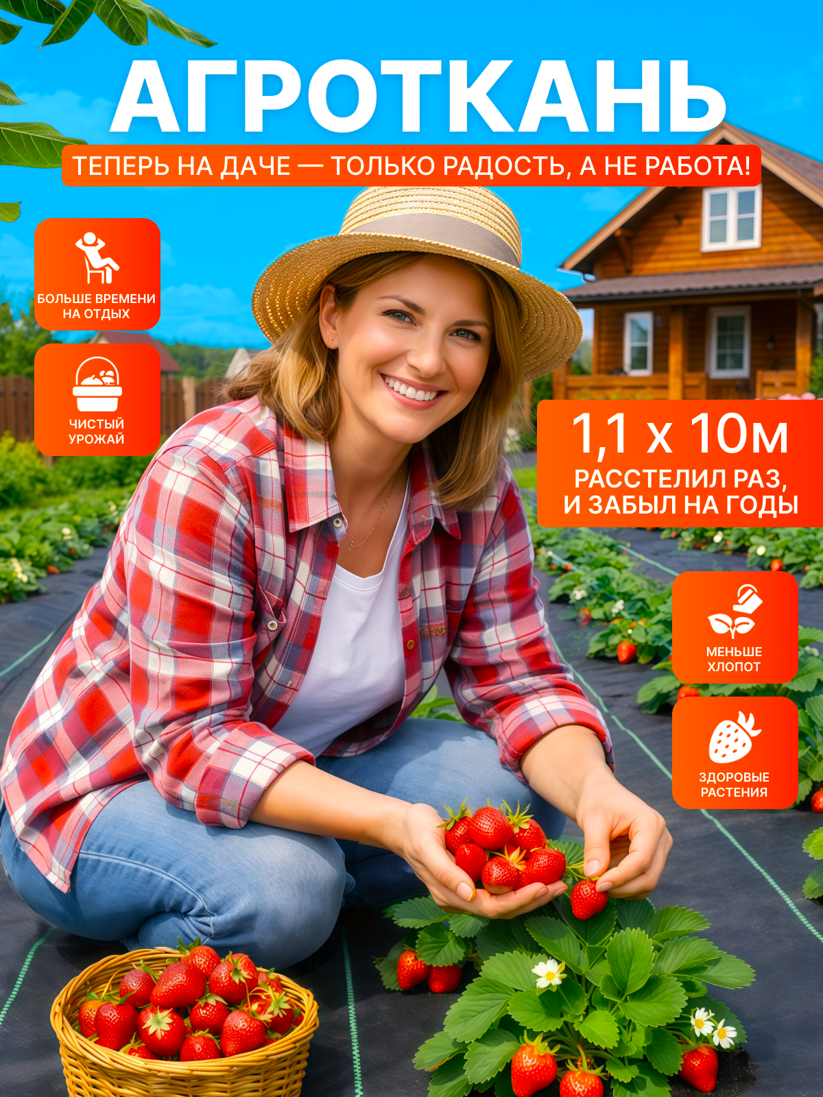 Агроткань от сорняков 1,1×10 м, черная, для узких грядок и теплиц