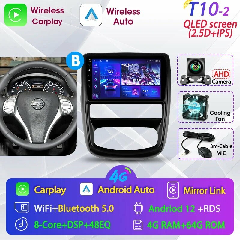 Автомобильный радиоприемник 2Din Andriod для Renault Duster 1 2010-2015 для Nissan Terrano 3 2014-2022, мультимедийный видеоплеер, навигация Carplay T10-2 Camera (B)