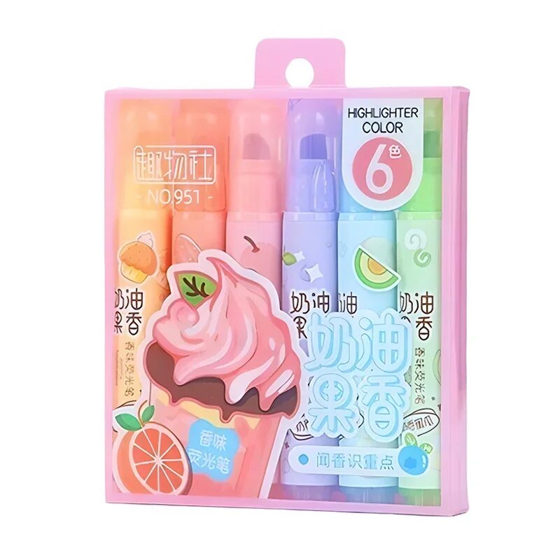 Набор из 6 цветов, косые маркеры Kawaii с кремовым фруктовым ароматом, флуоресцентные ручки большой емкости, маркеры толщиной 4 мм