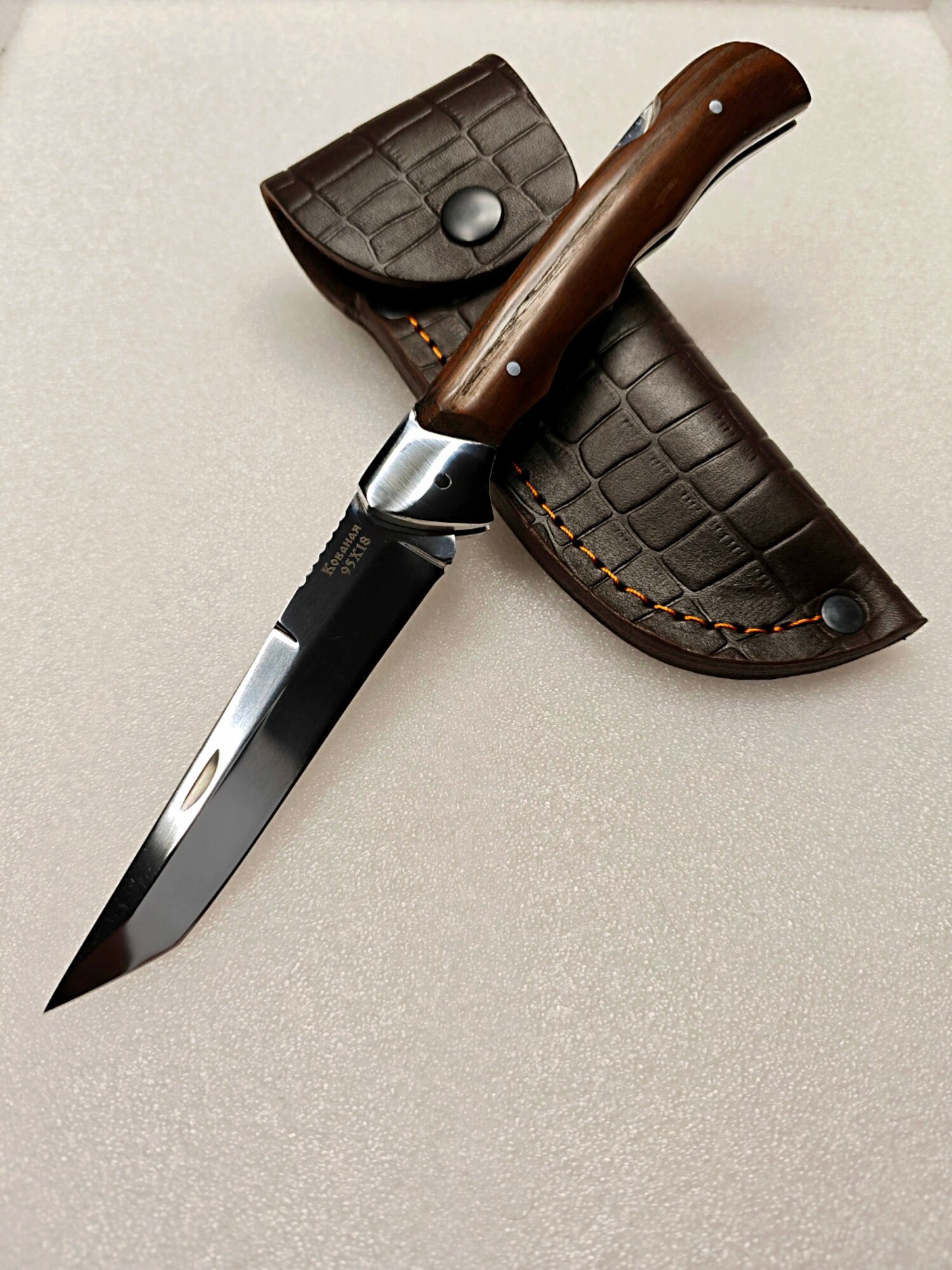 Нож складной Самурай Кованая 95х18 Термоясень длина 25см ручная работа ножны натуральная кожа в комплекте