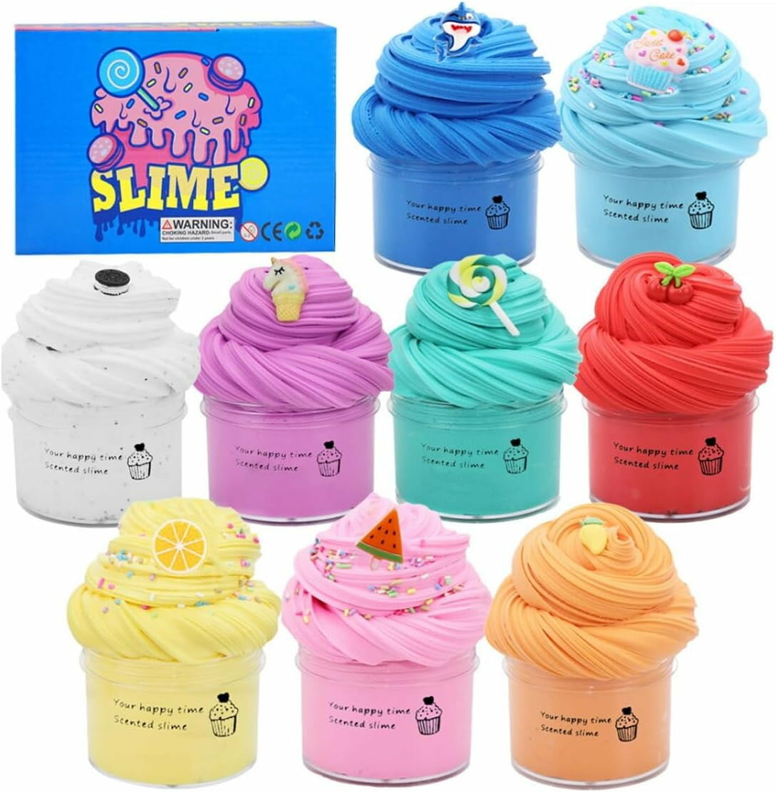 Slime DIY 9pcs, цвета: синий, голубой, белый, фиолетовый, голубой, красный, желтый, розовый, оранжевый, с запахом десерта/фрукта, мягкий текстурный баттер слайм, детский сенсорный игрушка, набор для творчества, антистрессовая игрушка