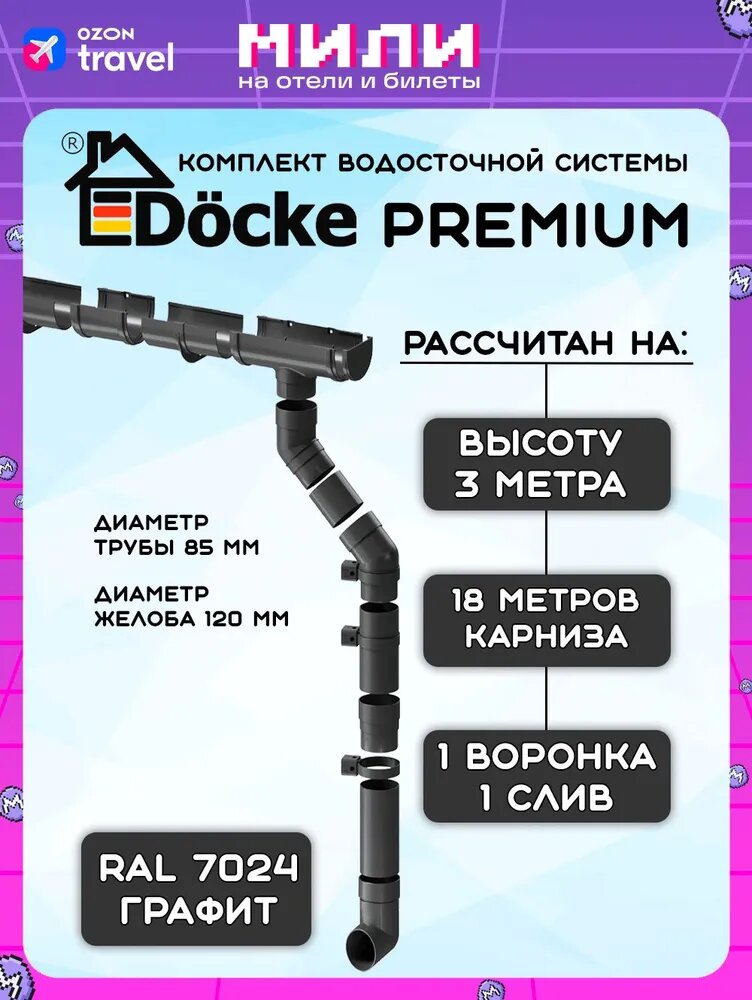 Комплект водосточной системы Docke Premium 18 метров (1 слив) графит (120мм/85мм) водосток для крыши Дёке Премиум темно-серый (RAL 7024)
