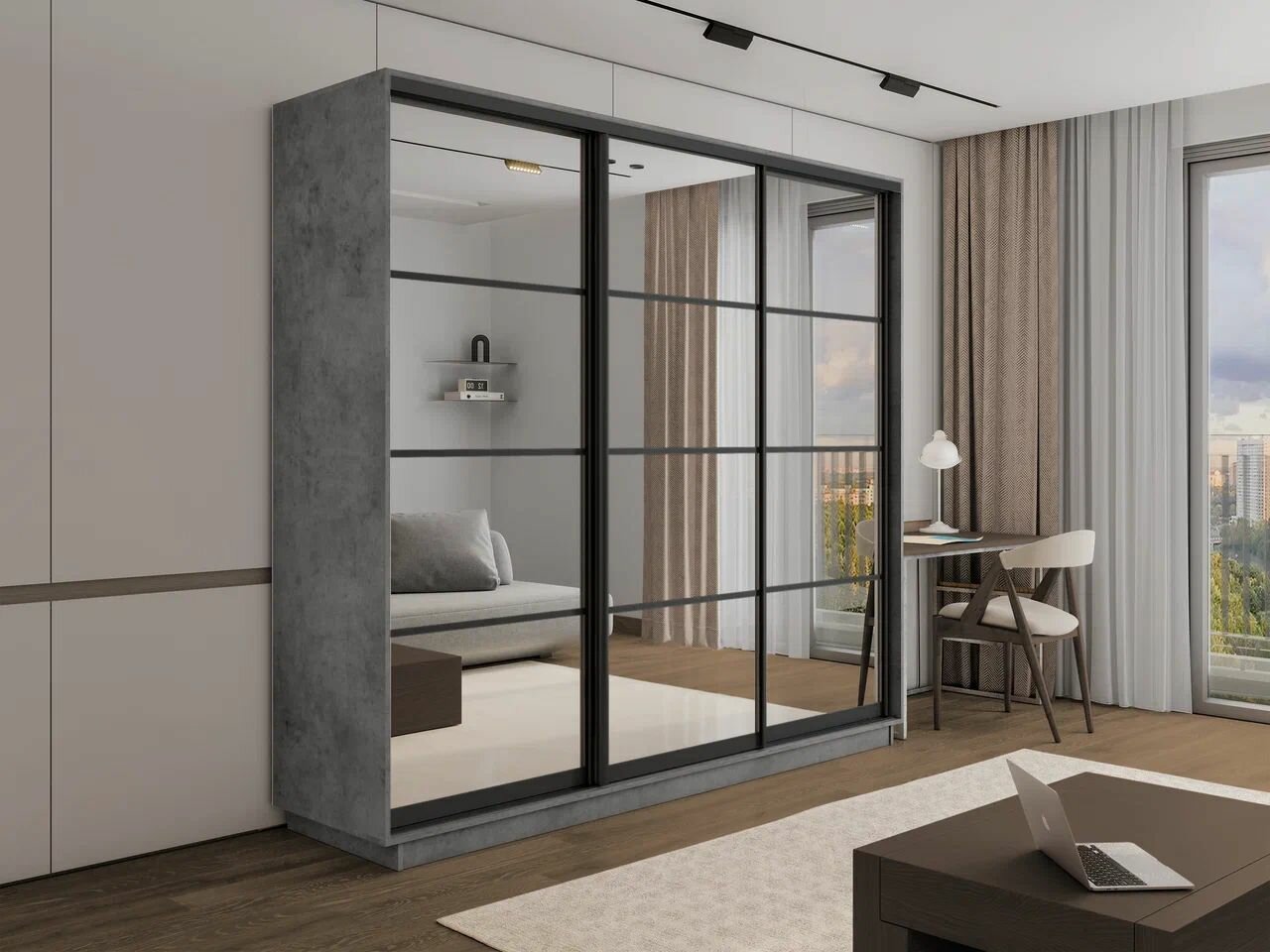 Шкаф-купе Экспресс 2,1м, шкаф для одежды, Зеркало/Бетон/Черный профиль