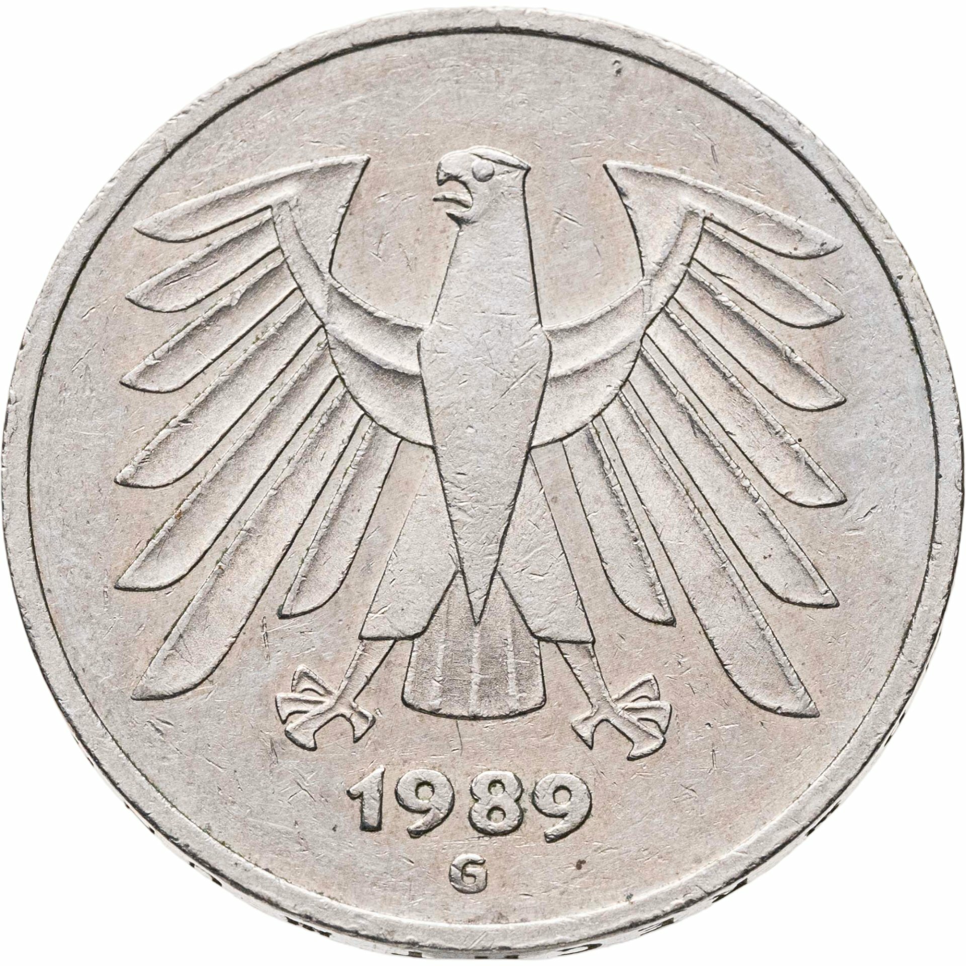 Германия, ФРГ 5 марок deutsche mark 1989 G знак монетного двора: "G" - Карлсруэ, Мельхиор медь-никель, в сохранности XF