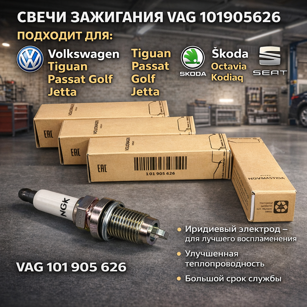 Свеча зажигания VAG 101905626 Подходит для: Volkswagen Tiguan Passat Golf Jetta Skoda Octavia Kodiaq Audi Seat, 4шт