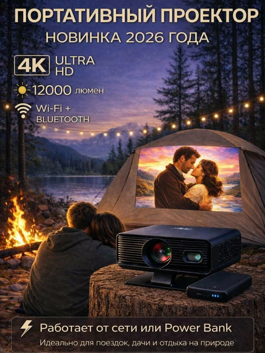Проектор портативный 2026 года, Wi-Fi, Bluetooth, 12000 люмен, питание от сети и Power Bank