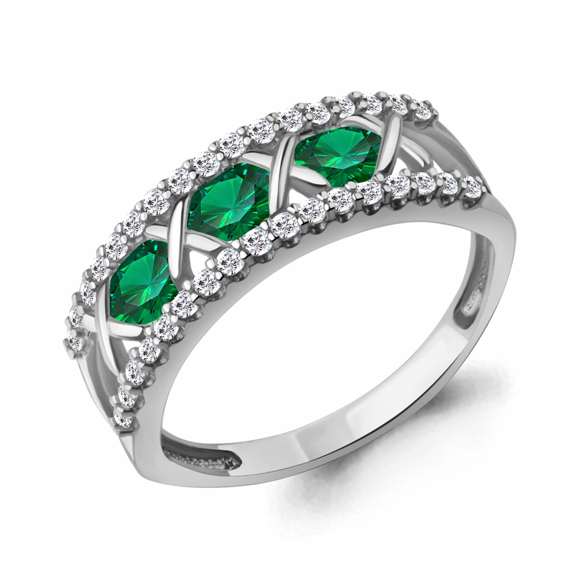 Кольцо, серебро, 925 проба, родирование, фианит, изумруд синтетический