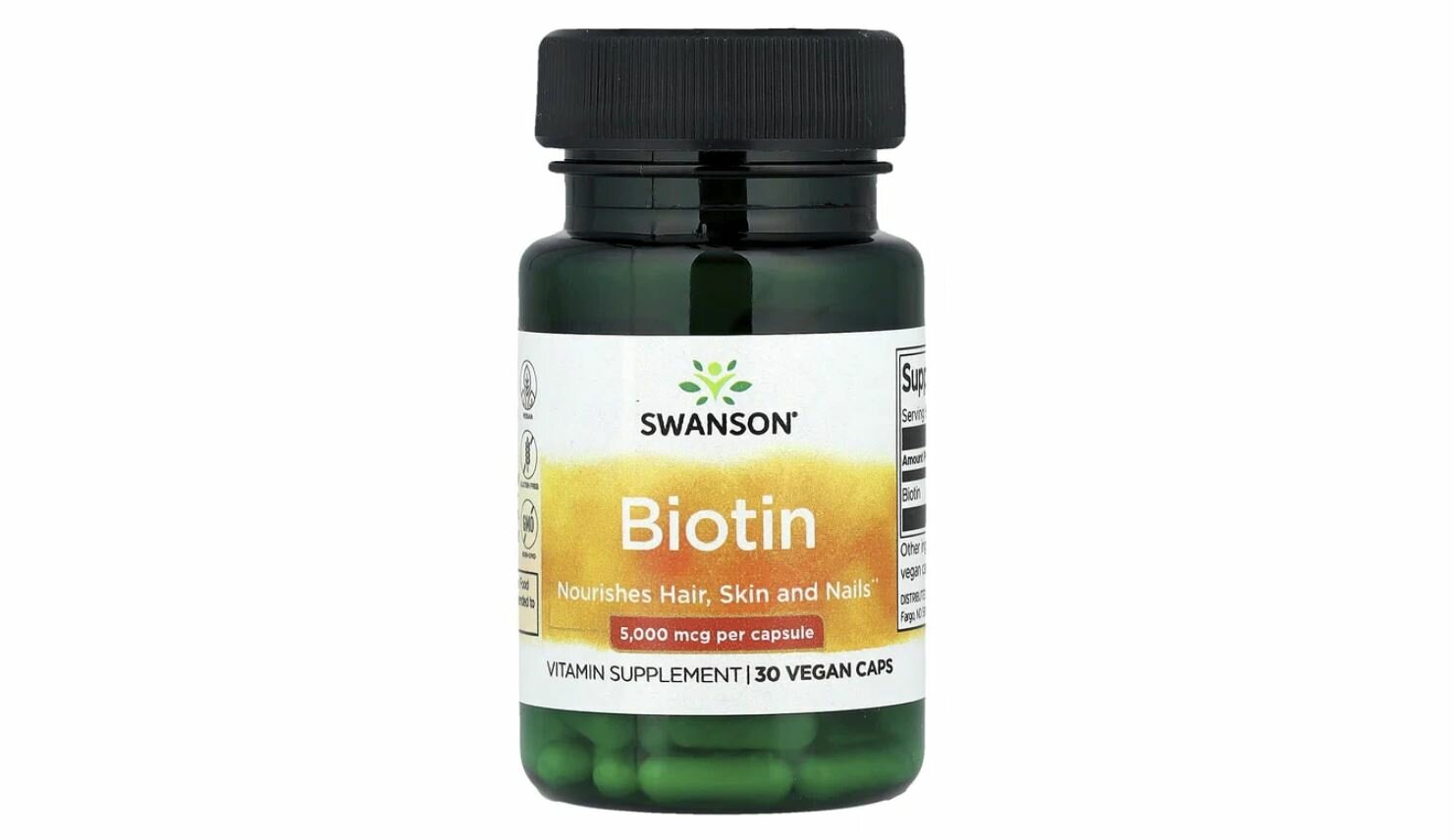 Swanson Biotin 5000 mg, Биотин (Витамин В7), 30 капсул, Витамины для волос, для кожи и ногтей