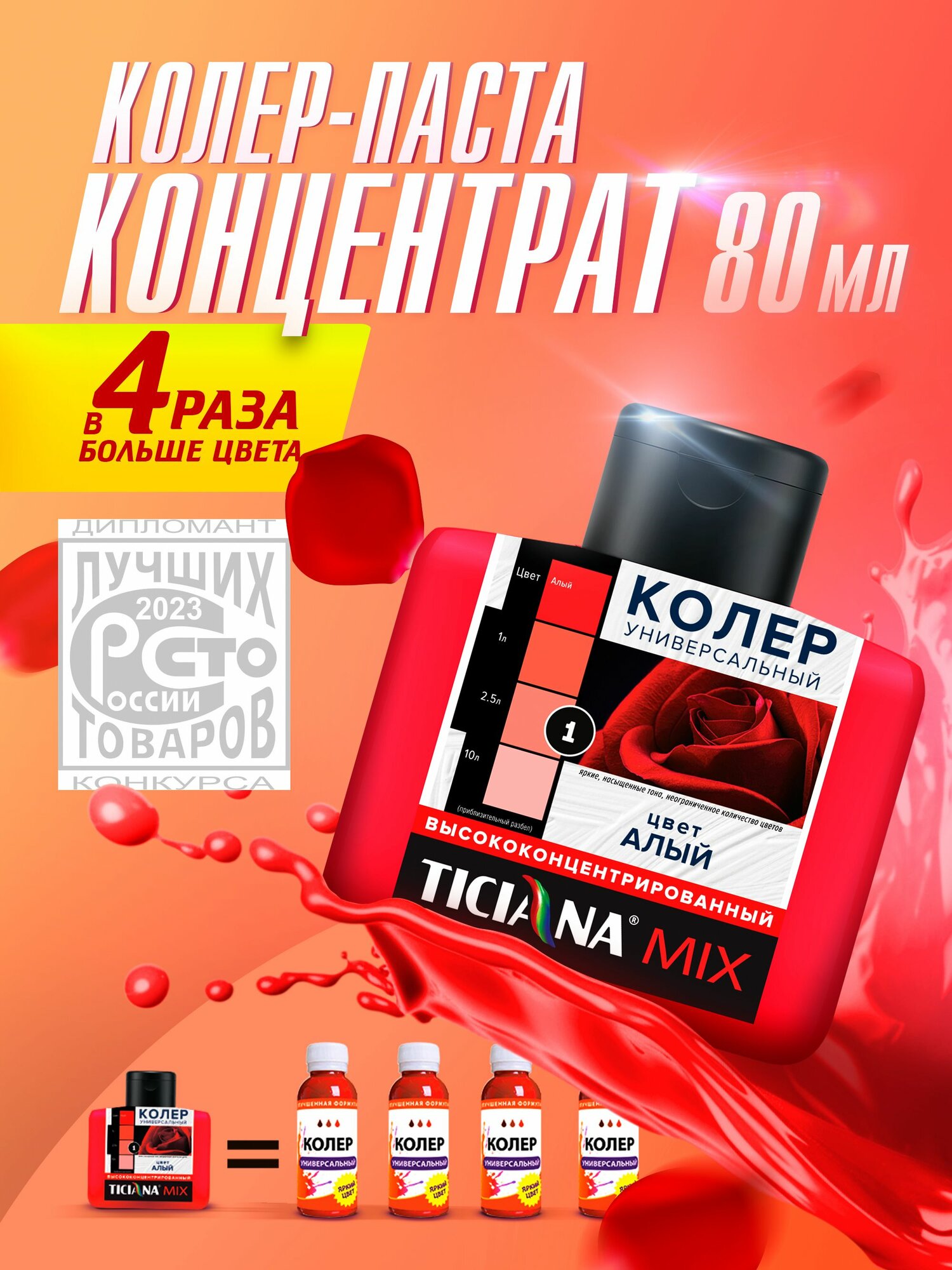 Колер-концентрат для краски универсальный TICIANA MIX, колер-паста насыщенная, Цвет: экстра Алый, 80 мл