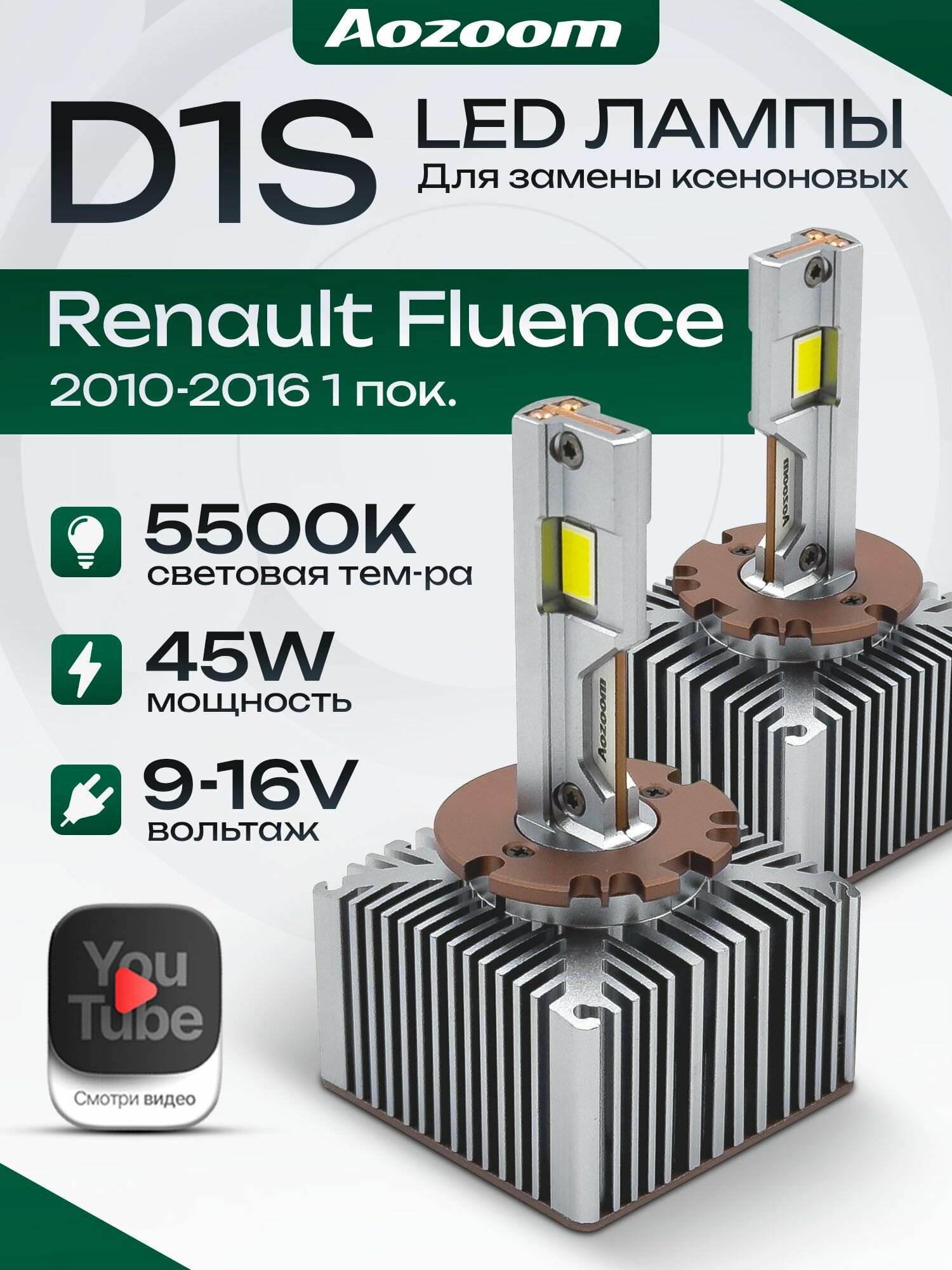 Лампы светодиодные Aozoom D1S на Renault Fluence 1 2010-2016 / Лед лампы Аозум Д1С взамен ксенона для Рено Флюенс