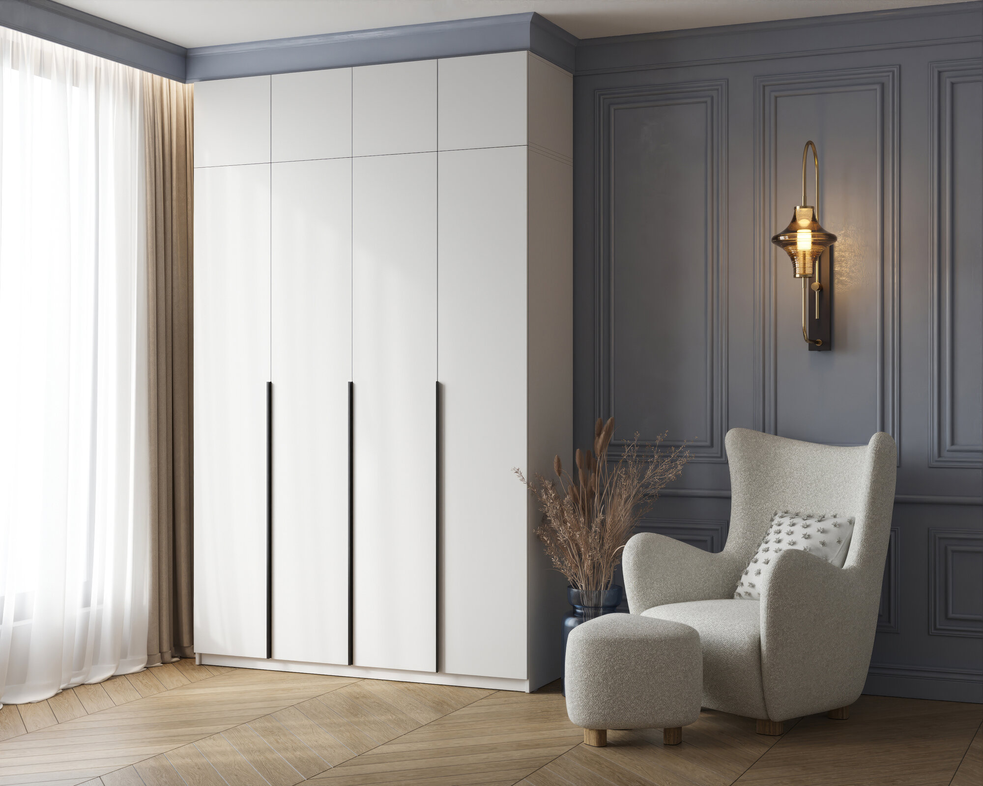 Шкаф четырехдверный для одежды "Бруно" с антресолью, белый