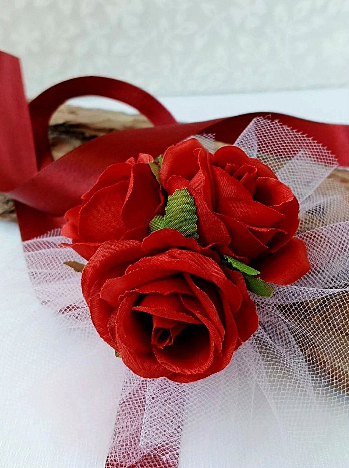 Браслет-бутоньерка для подружки невесты, текстиль, бордо, красный, длина 9 см