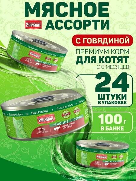 Четвероногий гурман 24 шт по 100 г влажный корм для котят мясное ассорти с говядиной