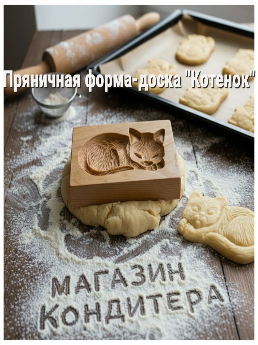 Пряничная форма-доска "Котенок" для формирования пряников и печенья — фото 1