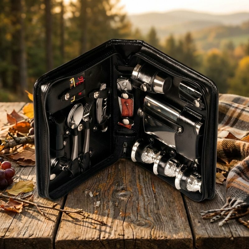 Набор дорожный кожаный 3 персоны арт. 205КК3 – Фляжка, стопки, стаканы, чехол