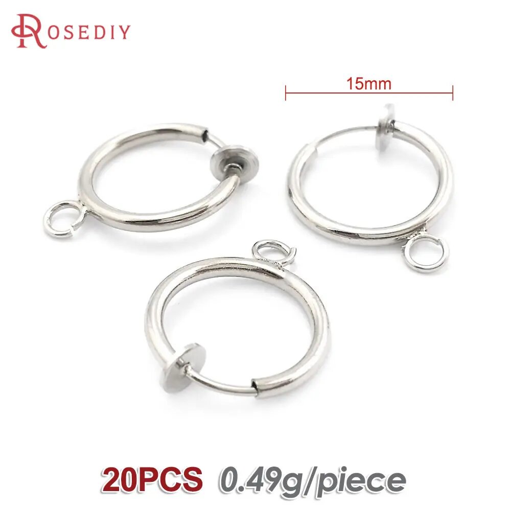 Клипсы для сережек Rosediy, 15 мм, цвет 17926-Rhodium Color, 20 шт