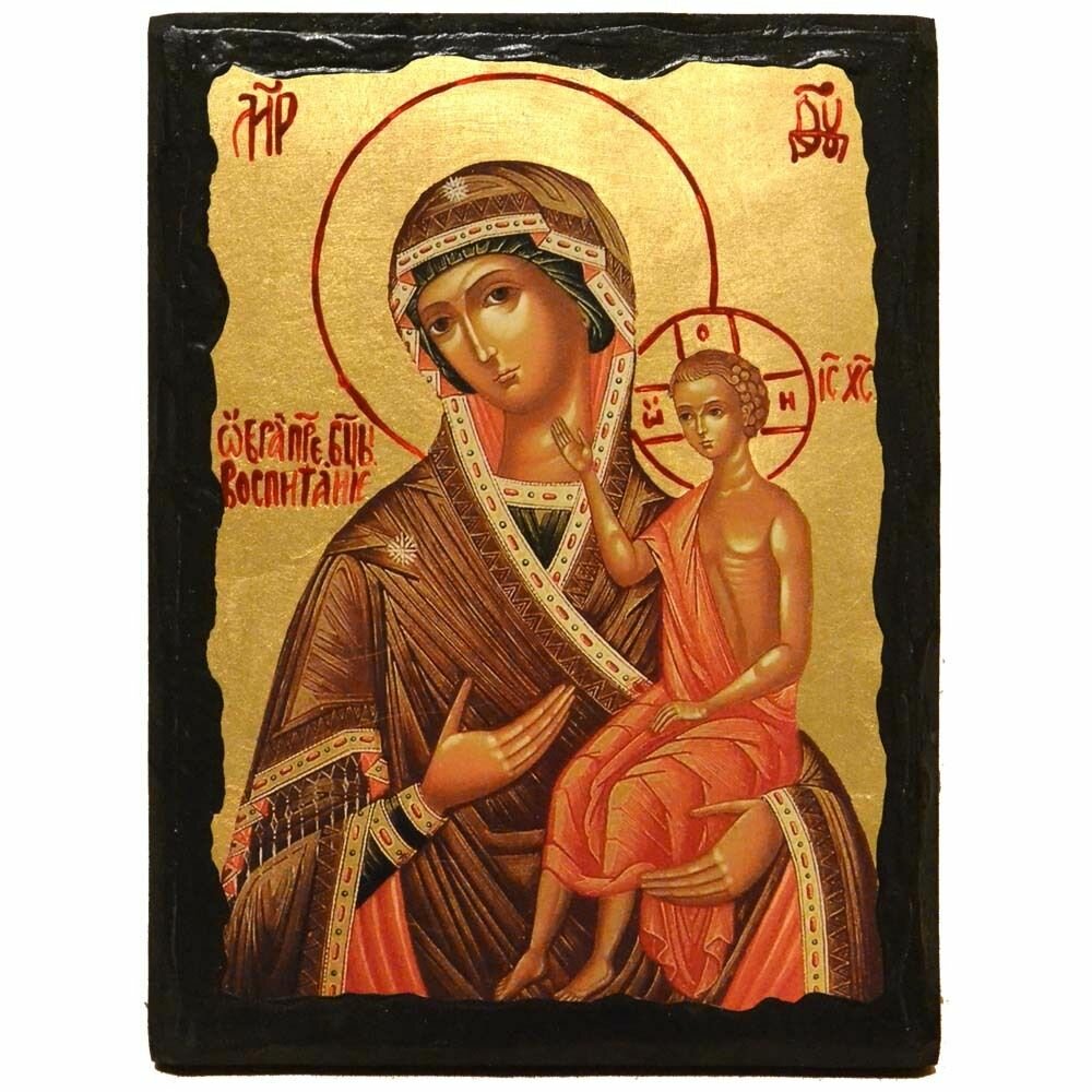 Воспитание. Афонская икона Божией Матери под старину с мощевиком. (17 х 23 см / На иконной доске.)