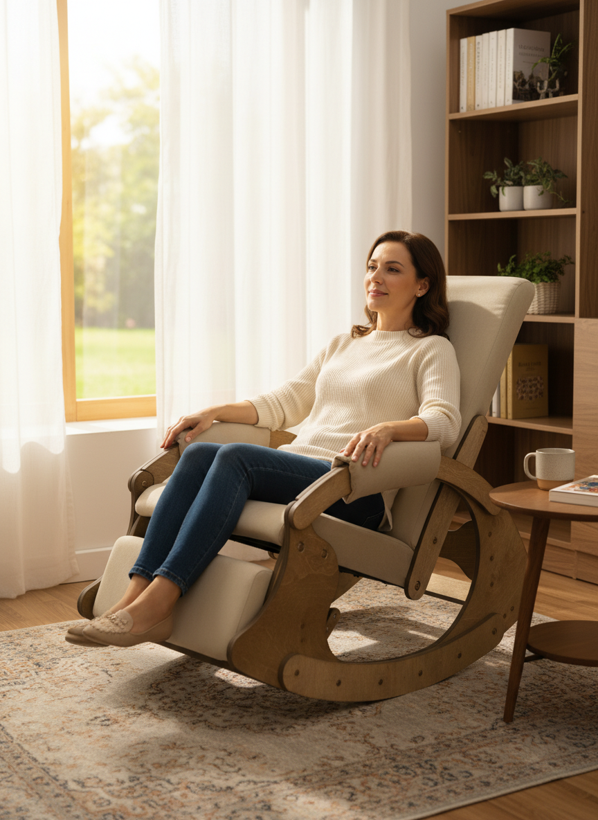 Кресло-качалка с подножкой для дома и дачи "Бриз" от "Мягкой посадки", обивка бежевый велюр