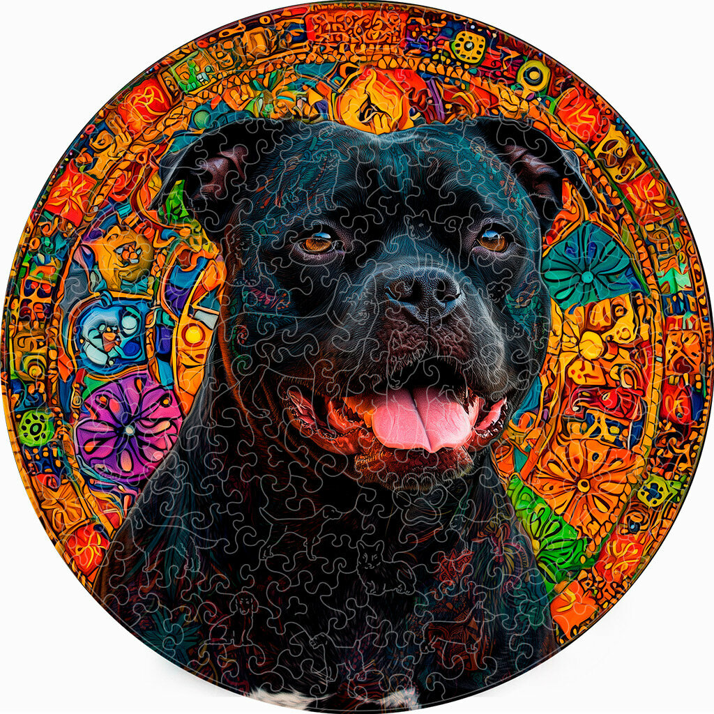 Деревянный пазл BoberBox "Стаффордширский бультерьер чёрный", 262 деталей, круглый 30 см