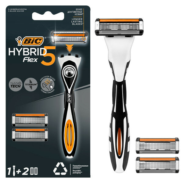 Мужская бритвенная система BIC 5 Флекс: 1 ручка и 2 сменные кассеты с 5 титановыми лезвиями