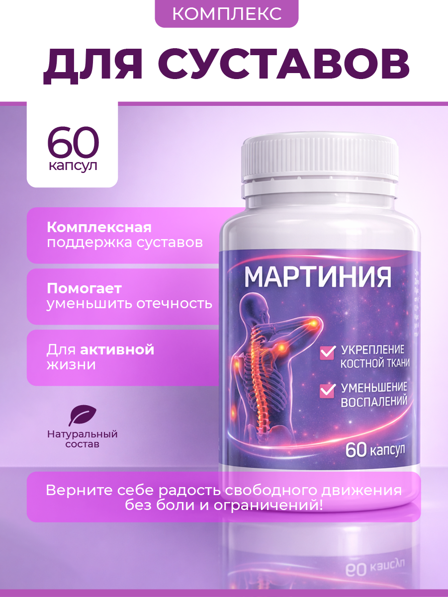 Комплекс для суставов Мартиния, активные ингредиенты, натуральный состав, банка, 60 капсул