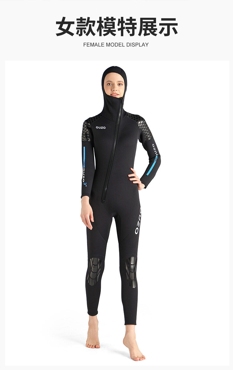 Гидрокостюм для дайвинга толщиной 3 мм для мужчин, с длинными рукавами, утолщенный, защищающий от холода, теплый гидрокостюм, женский цельный костюм с капюшоном для защиты от солнца, подходит для снорклинга и серфинга.