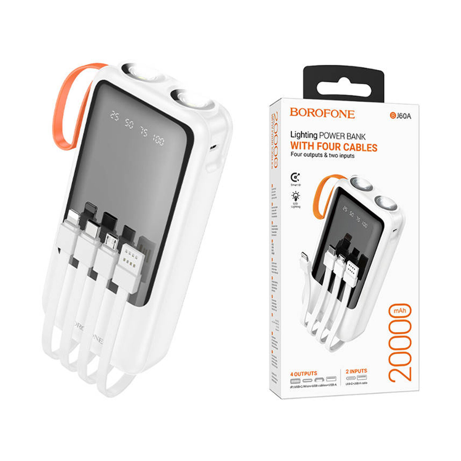 Аккумулятор внешний 20000mA BOROFONE BJ60A (USB выход 2.0A/Micro USB, Type-C, Lightning) белый