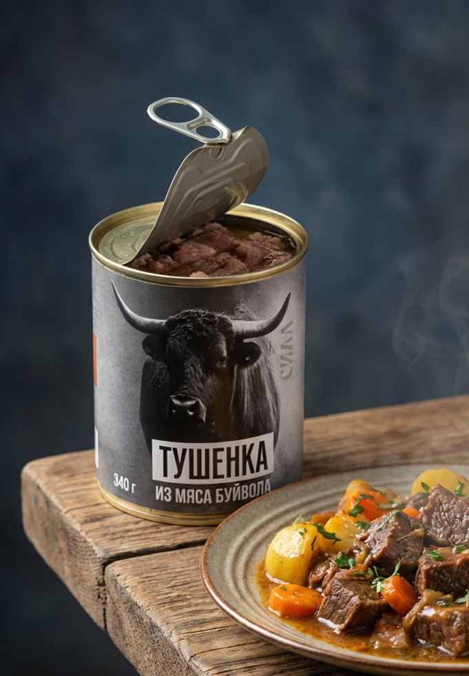 Тушенка мясо консервированное из мясных пород Алтая буйвола и говядины 340 г