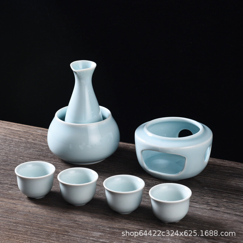 Керамический набор для подогрева вина в китайском стиле, диспенсер для вина, маленькие желтые чашки для вина, один кувшин и четыре чашки для приема гостей, возможность нанесения логотипа.
