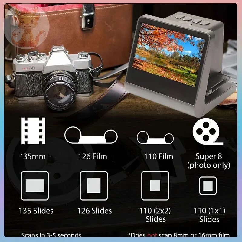 Слайд-сканер для фотопленок и негативов, цветной дисплей, USB, черный, белый — фото 1