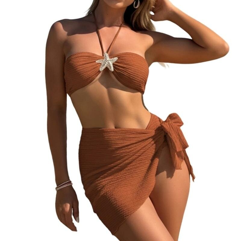 Бикини-комплект из трёх предметов для женщин, Кофейный цвет - S