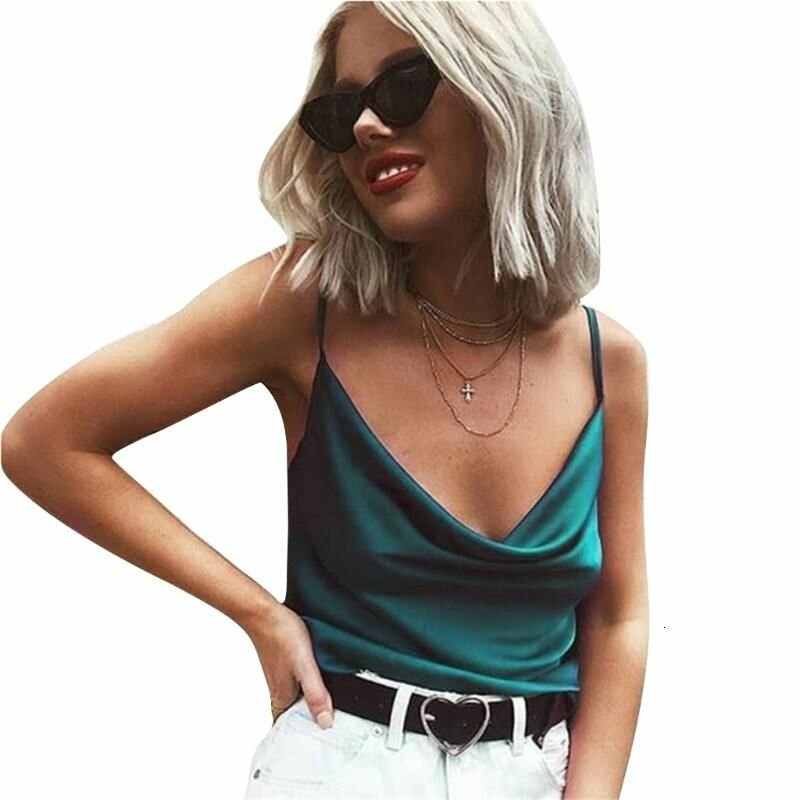 Женская атласная майка с бретельками и драпировкой, темно - зеленый - L