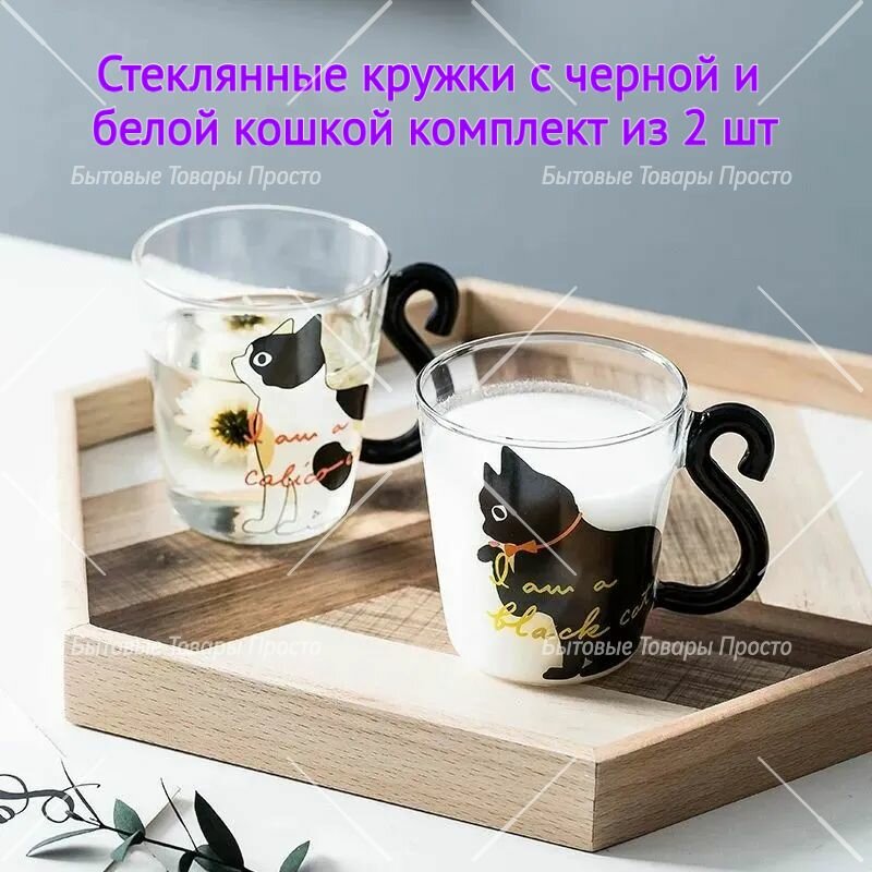 Стеклянные кружки с черной и белой кошкой комплект из 2 шт, устойчивые к горячей воде, прозрачные прочные кружки для чая, кофе, дома и подарка
