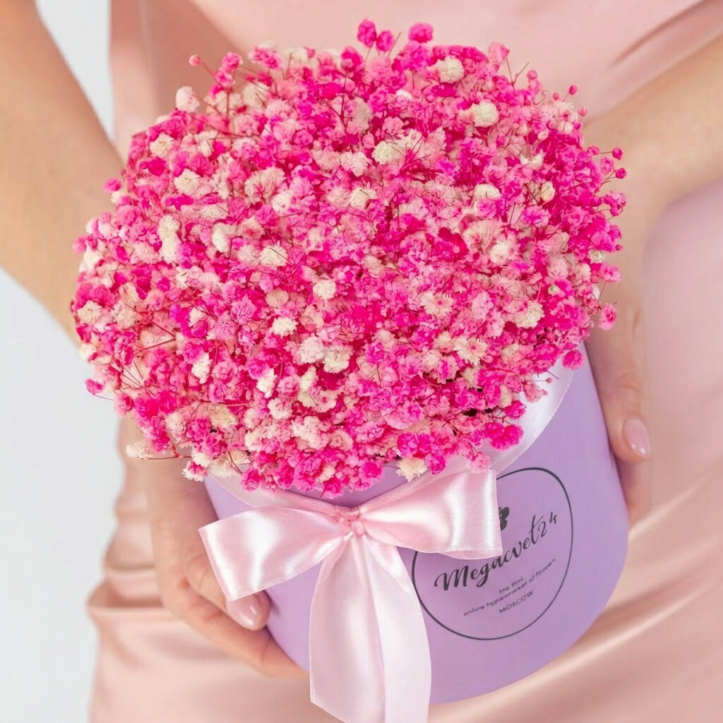 Букет "Мегацвет24", "Розовые гипсофилы", 5 шт, стабилизированные, в шляпной коробке