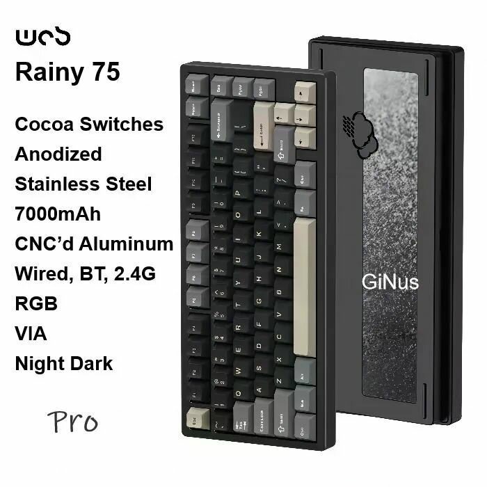 WOB Игровая клавиатура беспроводная Rainy75 Pro, NightDark, RGB, CocoaSwitches, Anodized, Английская раскладка, черный матовый, черный