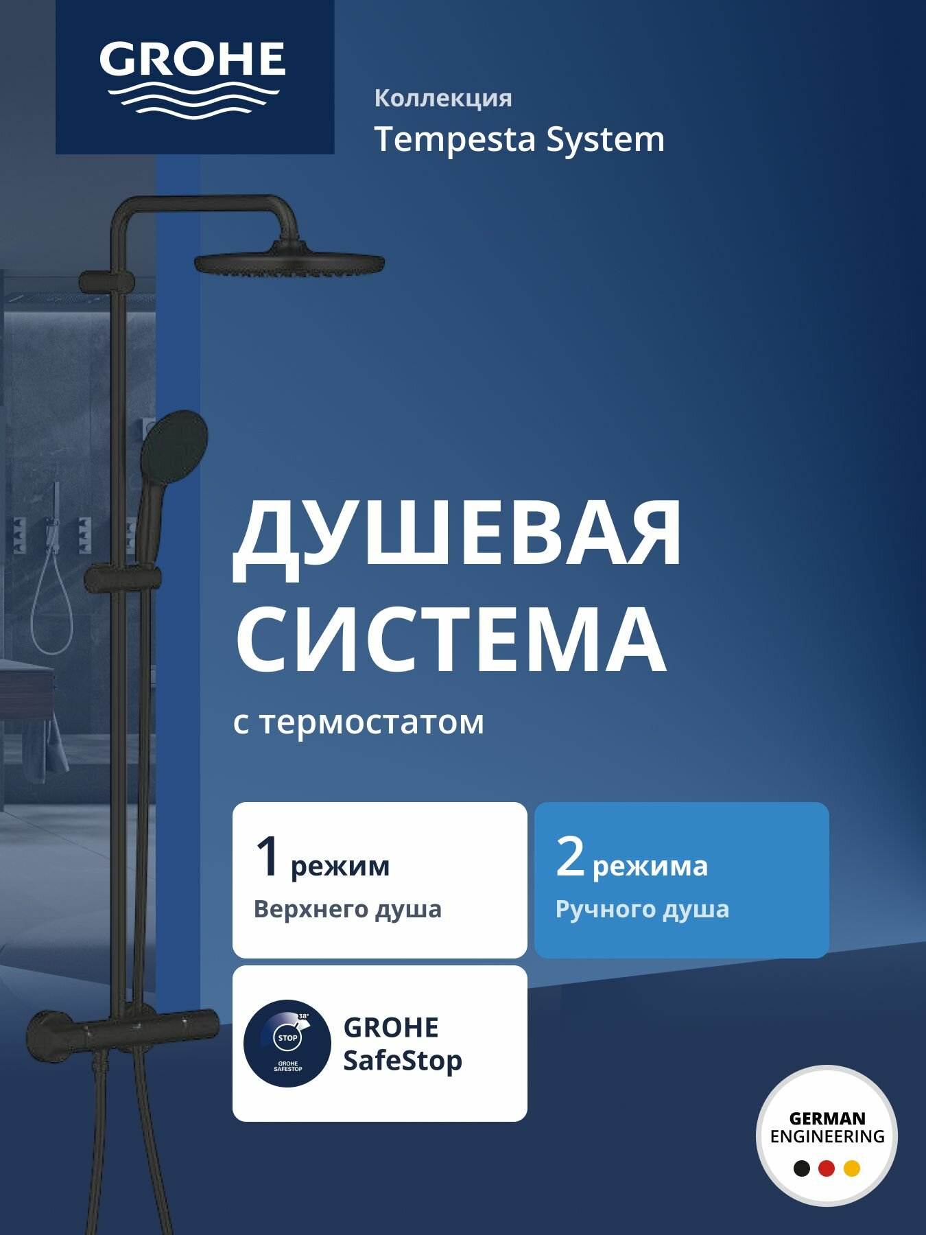Душевая система GROHE Tempesta 250 внешнего монтажа с термостатом для душа, матовый черный (266702431)